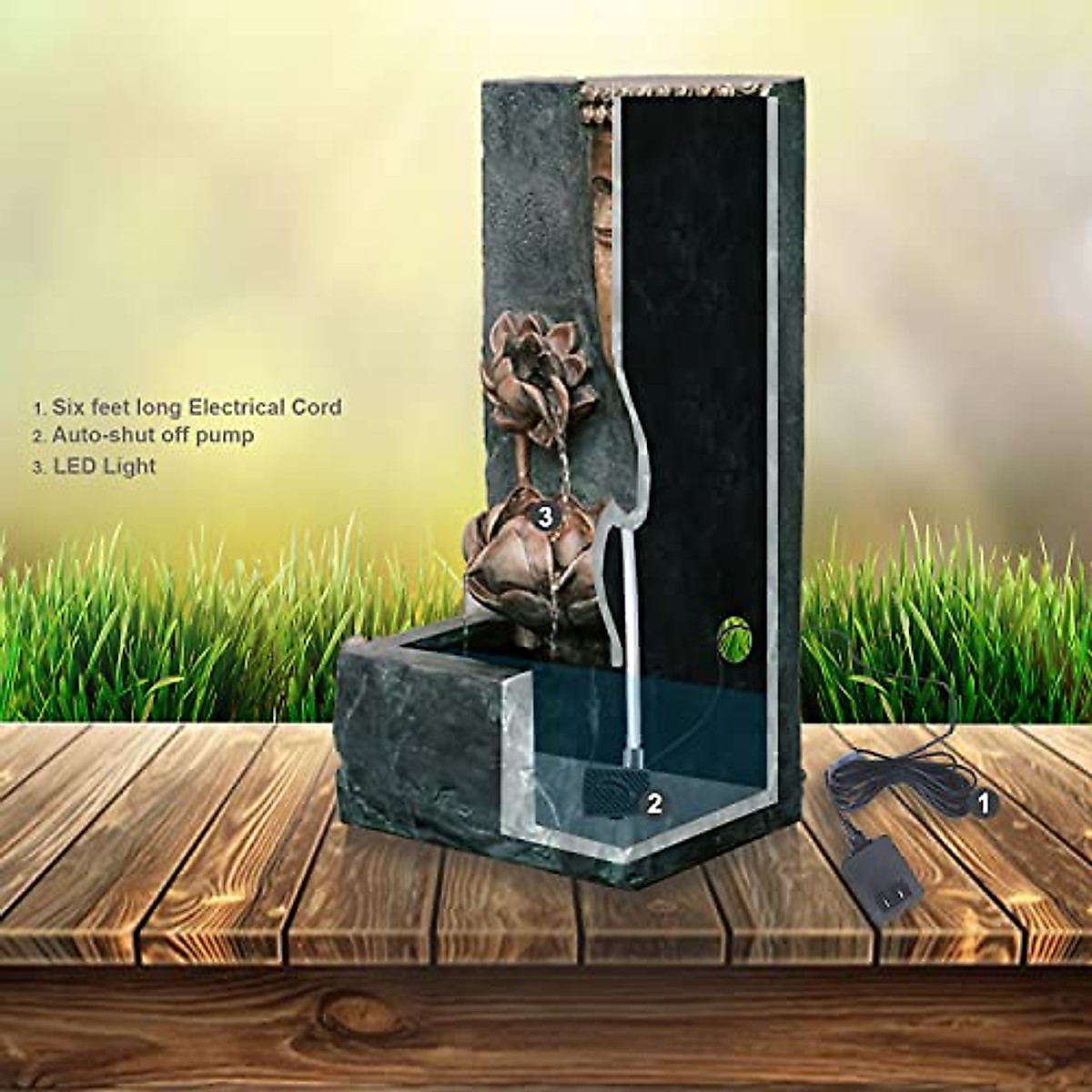 XBrand 30" H Bronze and Natural Grey Polyresin Indoor Outdoor Cascading Lotus Buddha Face Water Fountain w/LED Light, Freestanding, Relaxing Zen Décor for Home Patio Garden Backyard