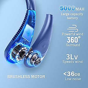 JUTYAST Portable Bladeless Neck Fan, 5000mah Foldable Personal Neck Fans, Rechargeble Hands Free Wearable Fan, Battery Operated Hanging Neckband Fan for Outdoors Women Kids