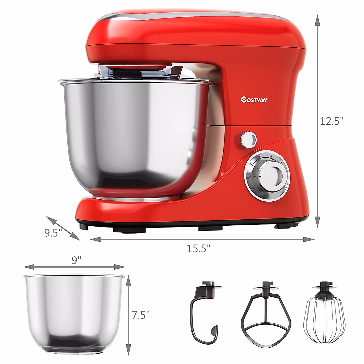 COSTWAY Stand Mixer, 6-Speed Tilt-Head Stand Mixer, 500W, Kitchen Electric Mixer with Dough Hook, Beater, Whisk, 5.3 Quart Stainless Steel Mixing Bowl and Splash Guard (Red)