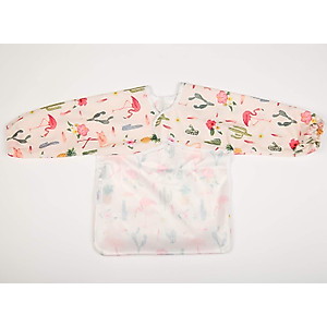 Sigzagor Baby Bib Sleeved Shirt with Pocket 1-3 Years Old Toddler Painting for Girls (Flamingo Cactus)