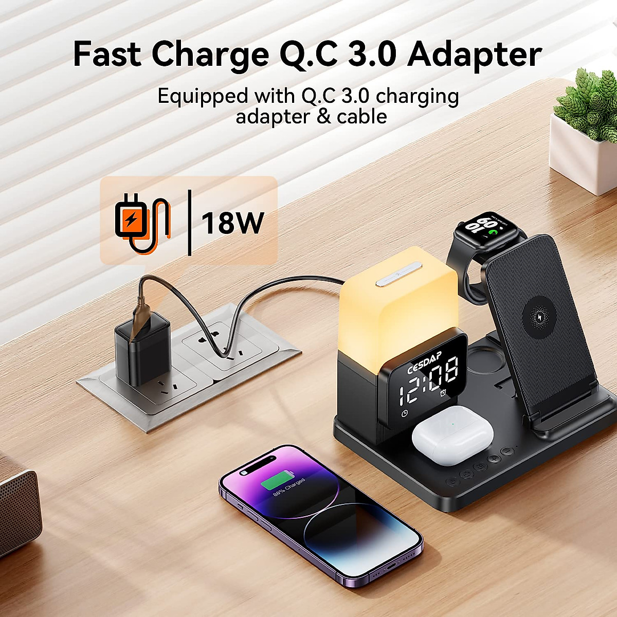 CESDAP C3 Pro Foldable 6 in 1 Charging Station for Multiple Devices with Alarm Clock Light 18W Charger for iPhone 15/14/13/12/11 for Apple Watch Charger for AirPods 3/2/Pro Gift for Women Men Dad Mom