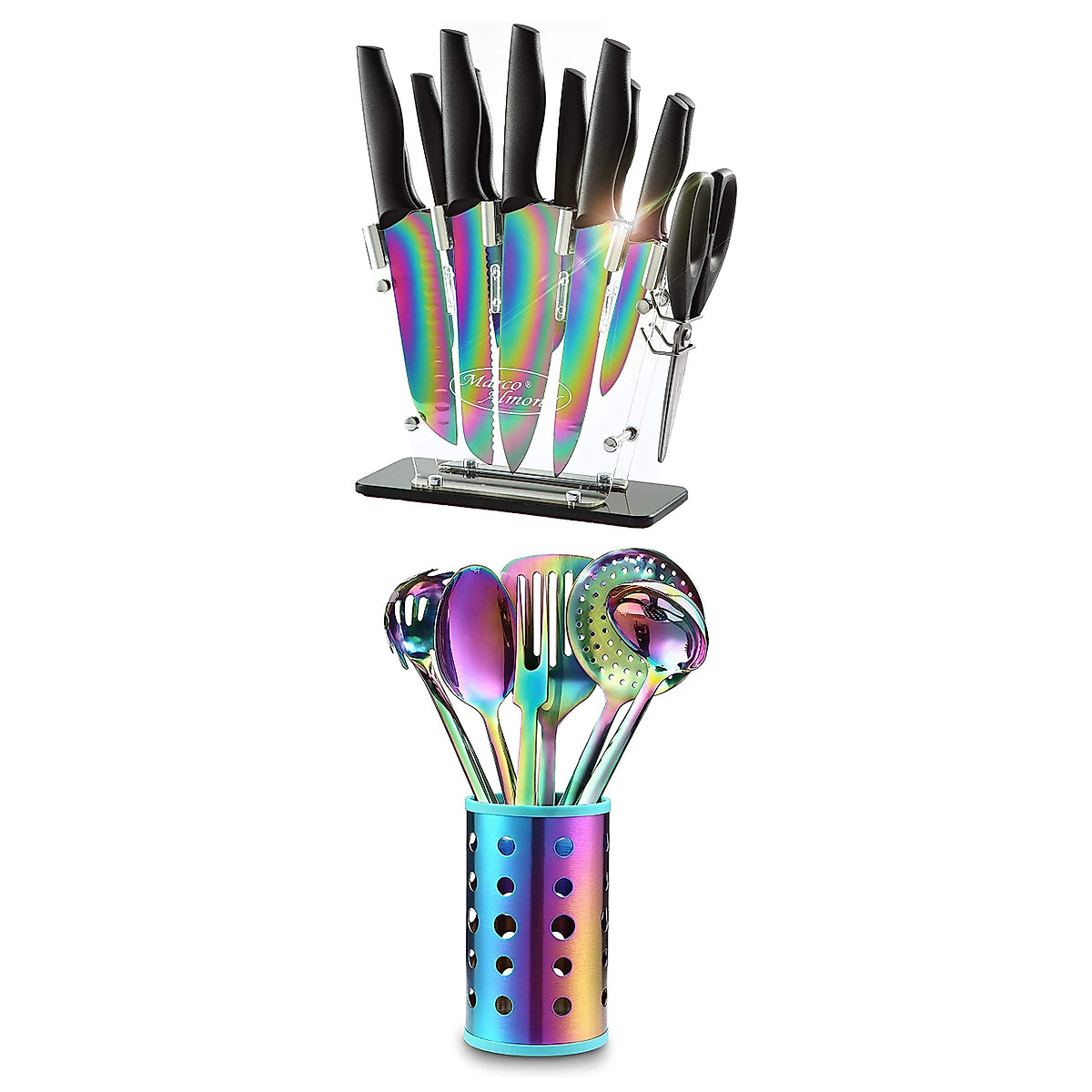 KYA35 14 PCS Rainbow Titanium Coating Cutlery Knives Block Set + KYA52B 7 PCS Stainless Steel Cooking Utensils Sets with Titanium Plated