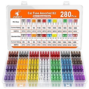 JOREST 280 Pcs Fuse Kit,182 Mini Car Fuses Assortment + 98 Standard Auto Blade Fuse, Replacement for Automtive RV Motorcycle Truck (2A 3A 5A 7.5A 10A 15A 20A 25A 30A 35A 40AMP)