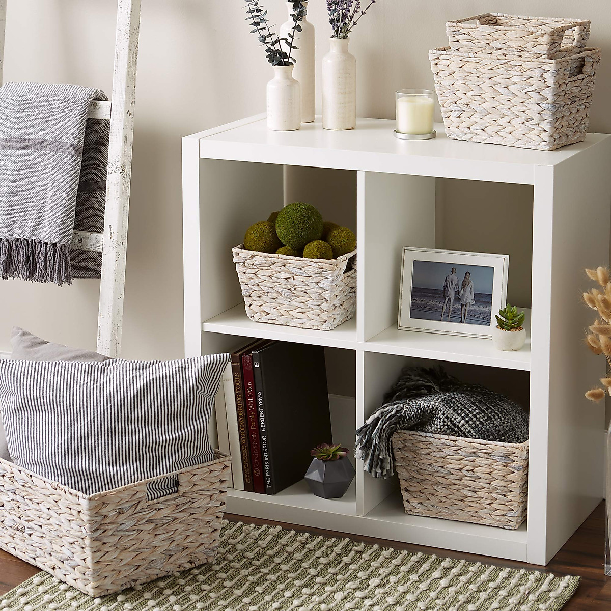 DII Hyacinth Collection Storage Baskets, White Wash, Large Set, Assorted Sizes, 5 Piece