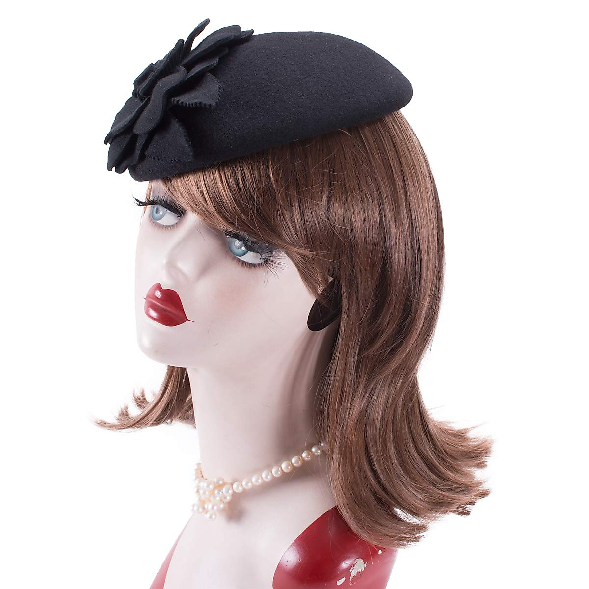 Lawliet Flower Womens Dress Fascinator Wool Pillbox Hat Party Wedding A083 (Black)