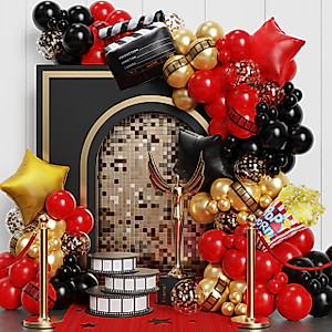 Enanal Movie Night Balloon Garland Arch Kit, 134pcs Black Red Chrome Gold Balloon with Clapboard Popcorn Foil Balloons for Movie Theater Film Party Decoration Birthday Bridal Shower Backdrop (Movie)
