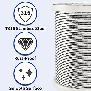 LuckIn 1/8" Stainless Steel Cable 300FT, T316 Aircraft Cable for Railing, Decking & Outdoor Projects - Uncoated Marine Grade