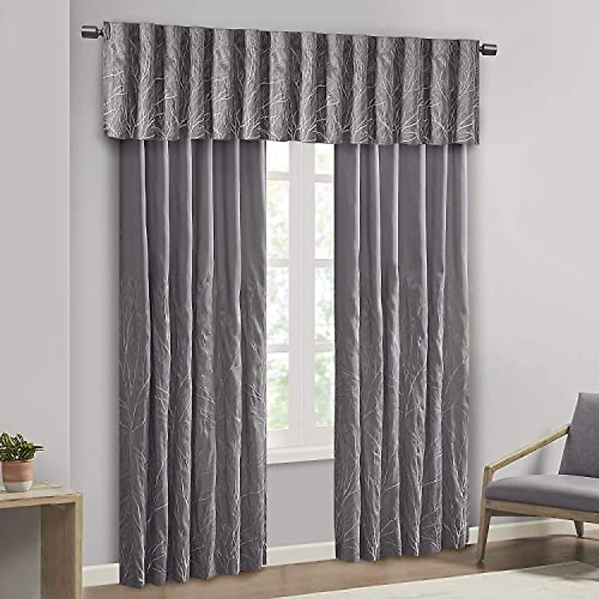 Madison Park Andora Embroidered Back Tab Fabric Single Window Living Room, Transitional Rod Pocket Light Curtain for Bedroom, 1-Panel Pack, 50 x 84, Grey
