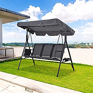 Outdoor Patio Canopy Swing,Porch Swing Chair with Stand,Textilene Fabric,3 Person All Weather Resistant Swing Bench for Garden,Backyard,Balcony,Poolside (Deep Grey)