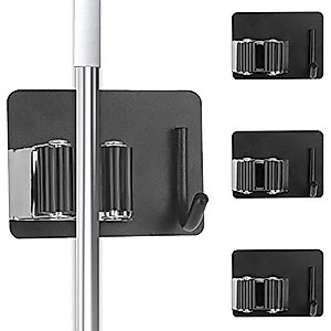 PMIIO 4 Pack Broom Holder Wall Mount, No punching, Upgraded Stainless Steel Broom Holder, Self Adhesive Broom Hanger Gripper for Bathroom, Kitchen, Garage Laundry Room Storage - Black