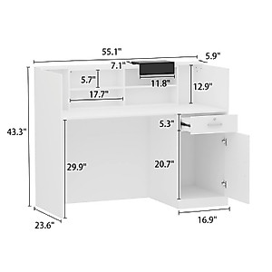 Homsee Modern Reception Desk Counter with Hutch, Adjustable Storage Cube, Lockable Drawer & 1 Door Cabinet, Office Wooden Computer Desk Reception Table, White and Black