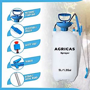 AGRICAS 1.3 Gallon Lawn & Garden Sprayer with Pump and Wand, 5L Pressure Weed Sprayer with Adjustable Nozzles and Shoulder Strap, Yard Pump Sprayer, Large Easy Fill Opening and Safety Valve