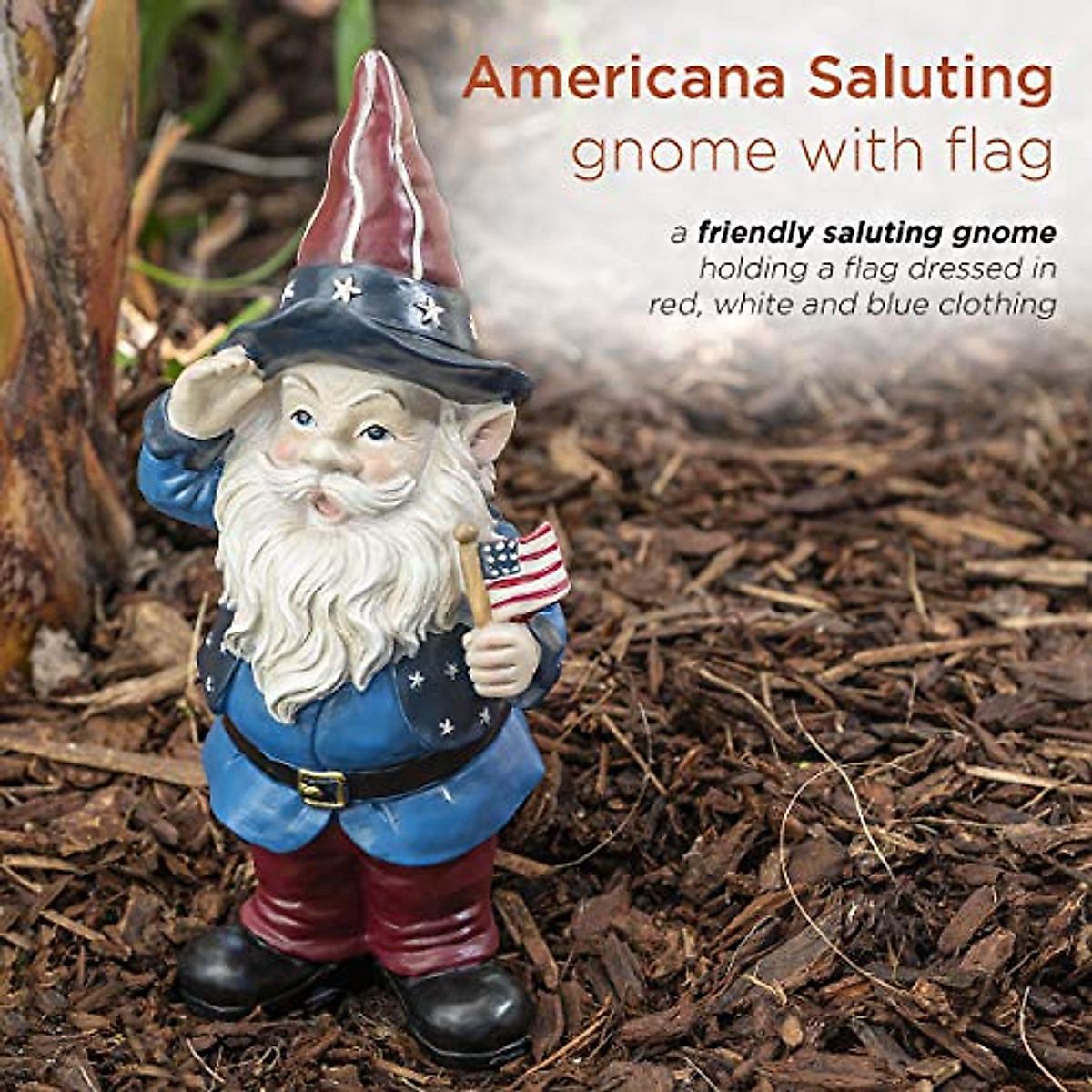Alpine Corporation 12" Tall Outdoor Patriotic Garden Gnome Saluting Yard Statue Decoration