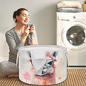 OMFUNS Alpaca Animal Round Storage Basket Extra Large Cute Alpaca Laundry Hamper Basket for Blankets Clothes Cotton Rope Basket Towel Nursery Baby Toy Pet Basket Decorative