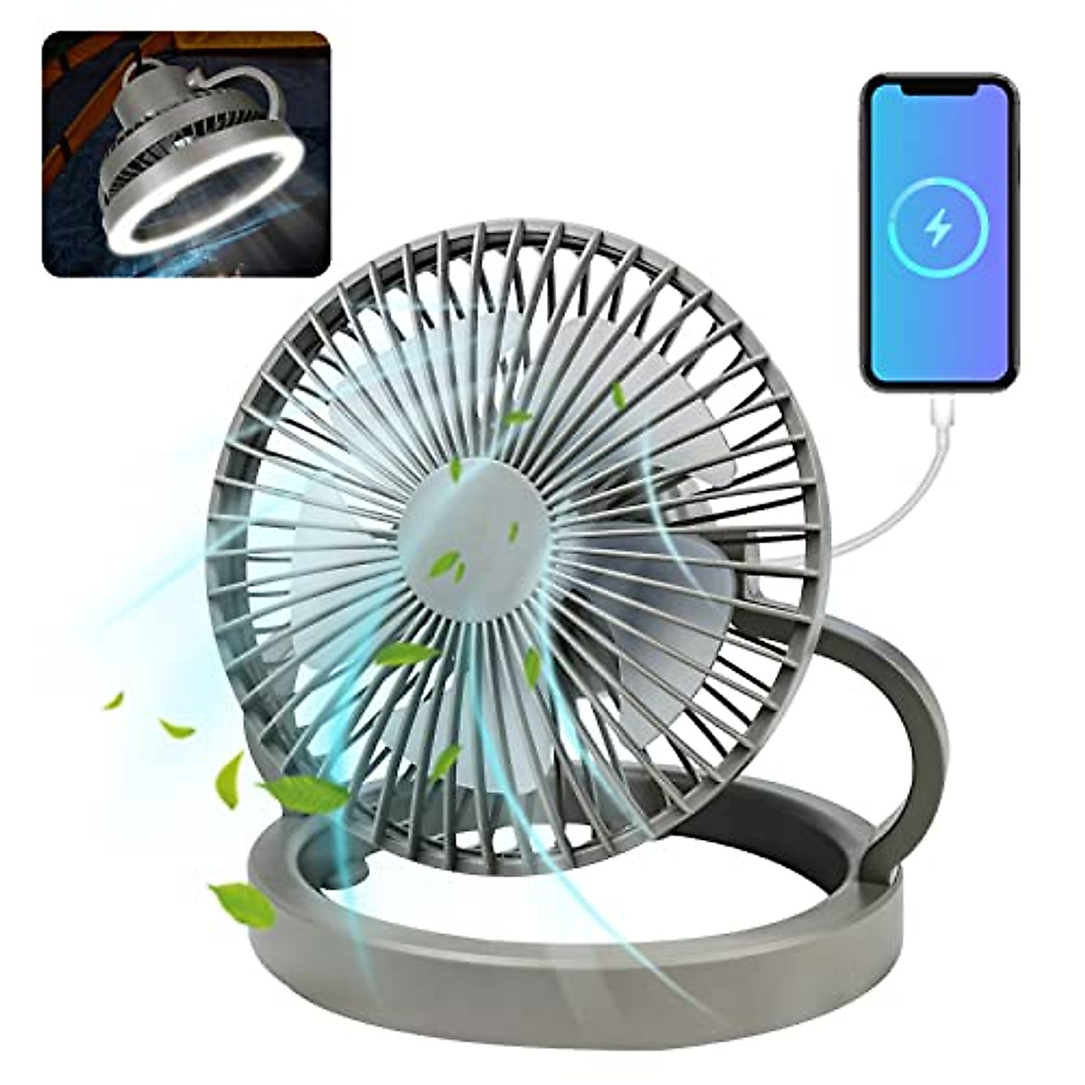 Teioe Camping Fan with LED Lantern, 8000 mAh Battery Operated Tent Fan with Hook, Rechargeable Table Fan for Camping, Fishing, Jobsite, Office, Emergency (Grey)