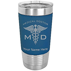 LaserGram 20oz Vacuum Insulated Tumbler Mug, MD Medical Doctor, Personalized Engraving Included (Faux Leather, Blue)