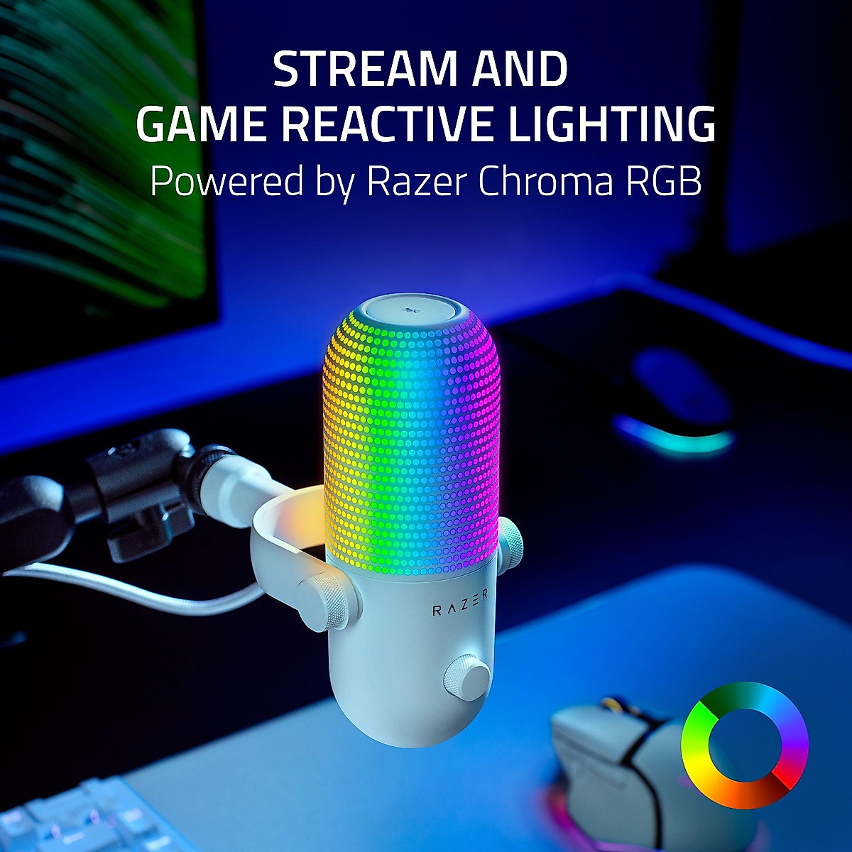 Razer Seiren V3 Chroma RGB USB Microphone: Stream & Game Reactive Lighting - Tap-to-Mute Sensor Condenser Mic - Digital Gain Limiter & Shock Absorber PC, Discord, OBS Studio, XSplit White (Renewed)