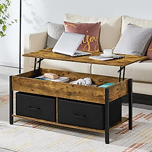 Yaheetech Living Room 3-Piece Coffee Table Sets for Home and Office, Lift Top Coffee Table with Baskets & Hidden Compartment, 2PCS Rustic Industrial End Tables with 2-Tier Shelves, Rustic Brown