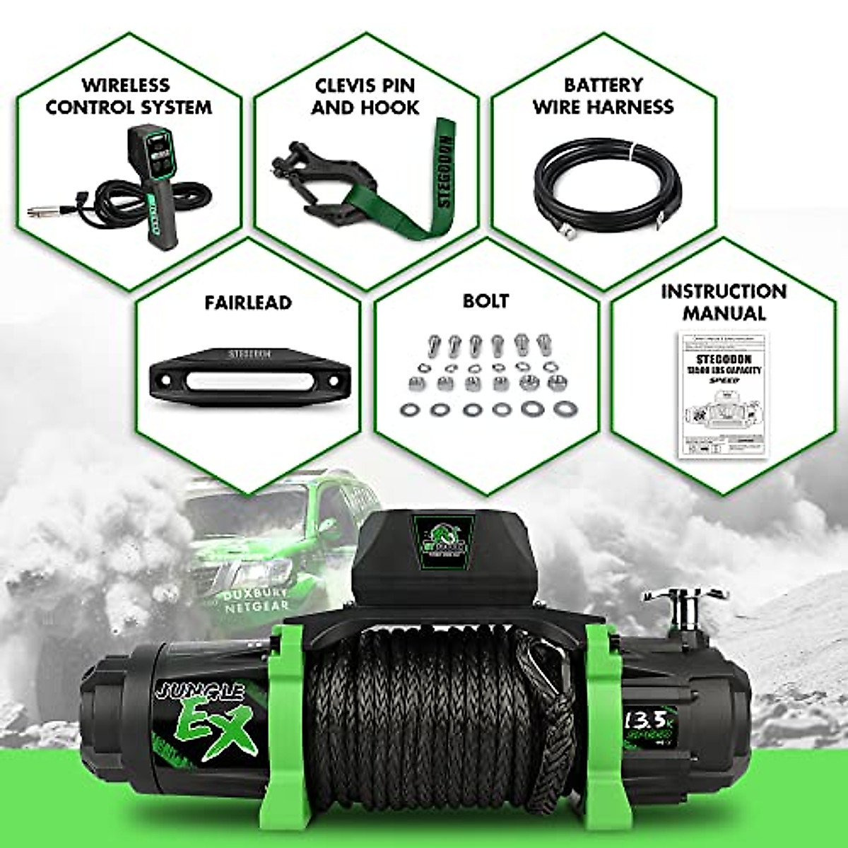 STEGODON Winch 13500 lb. Electric Winch Synthetic Rope Winch，12V Power Waterproof Winch with 2 in 1 Wireless Remote for Towing Jeep Truck Off Road (Jungle EX)