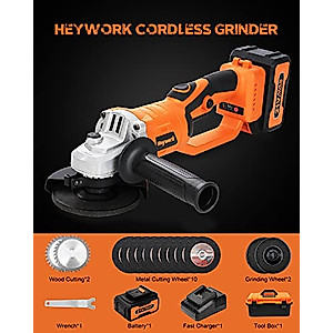 Heywork 21V Cordless Grinder Kit,4" Blade,10000 RPM Brushless Motor Cordless Angle Grinder,4Ah Lithium Ion Battery Grinder & Quick- Charger,2-Position Handle,Cutting and Grinding Wheels