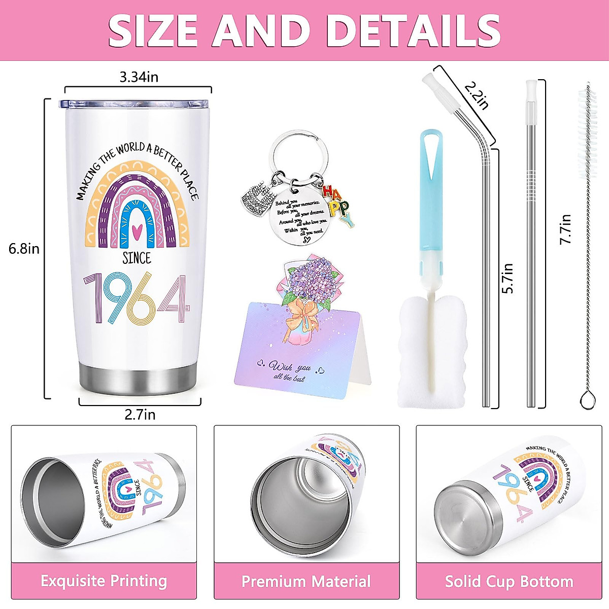 GINGPROUS 60th Birthday Gifts for Women, 1964 Birthday Gifts for Women, 60 Year Old Birthday Gifts, 60th Birthday Gift Ideas, 60th Birthday Decoration, 20oz Stainless Steel Insulated Tumbler with Lid