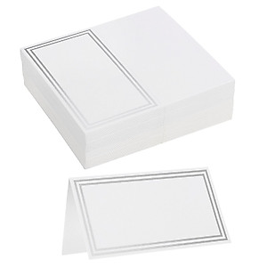 MECCANIXITY 40pcs Place Cards, Line Border Printable Place Name Cards for Table Setting Wedding Dinner Parties Events Reserved Seating, White Silver Double Line