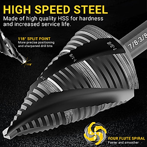 KAKILFOB Four Spiral Flute Step Drill Bit Set, 5 Pieces 1/8"-1-3/8" HSS Unibit Step Drill Bit, 1/4" and 3/8" Shank Step Bits for Metal, Aluminum, Wood, Plastic