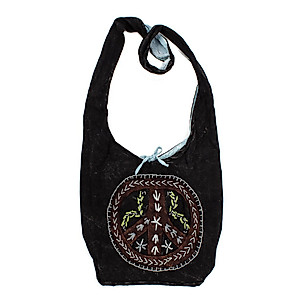 Original Collections Embroidered Peace Sign Stonewashed Cotton Crossbody Shoulder Handbag Large