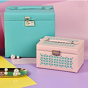 SANSREPONSE Jewelry Box Large Organizer Faux-Leather with Mirror Drawers Lock Gift for Women (TF Blue-L)