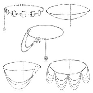 HAIAISO 5PCS Belly Waist Chain Multi-layer Metal Waist Chain Adjustable Body Link Belts Summer Bikini Sexy Waist Body Chain Jewelry for Women(Silver)