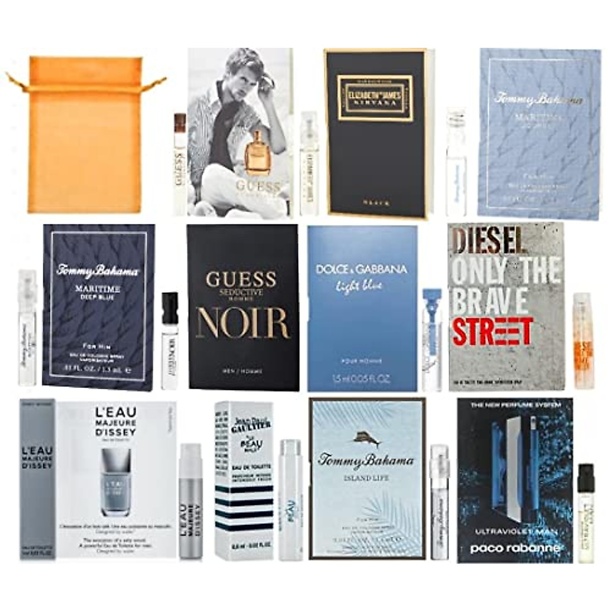 11 Designer Cologne Samples Vials For Men with Organza Bag