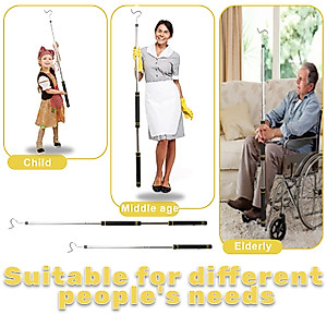 Clothes hook pole, closet hook to reach high hangers 36-46" Lightweight Spliceable S Hooks and Foam Handles (black)