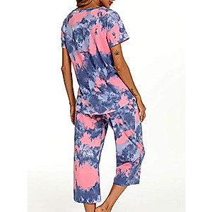ENJOYNIGHT Women's Tie Dye Printed Pajama Sets Sleepwear Top with Capri Pants Lounge Sets with Pocket(X-Large, Blue Pink)