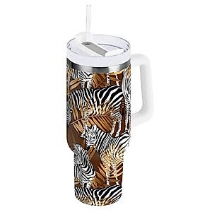 Zebra Palm Leaves Insulated Stainless Steel Water Bottle with Handle and Straw Lid Double Walled Travel Mug 40 oz