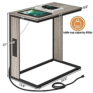 Vagusicc C Shaped End Table with Charging Station, Small Couch Side Table with Outlets and USB Ports for Living Room, Bedroom, Sturdy Slide Under Sofa Table C-Shaped Snack Table with Metal Frame 27 "H