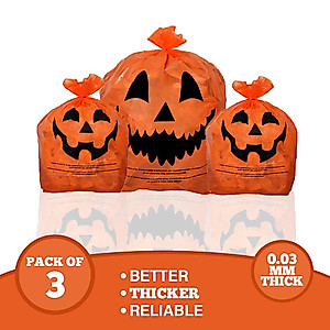 KINREX Halloween Leaf Bags Pumpkin Plastic Lawn and Leaf Bags Decoration - Outdoor Fall Trash Bag Decor - Orange Jack O Lantern - Pack of 3 with Twist Ties