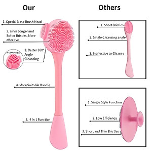 Silicone Facial Cleansing Brush 3 Designs, Beomeen 4 in 1 Handheld Face Scrubber for Deep Gentle Exfoliating, Double-Ended Face Wash Scrub Brush for Face Skincare and Massage (Pink)