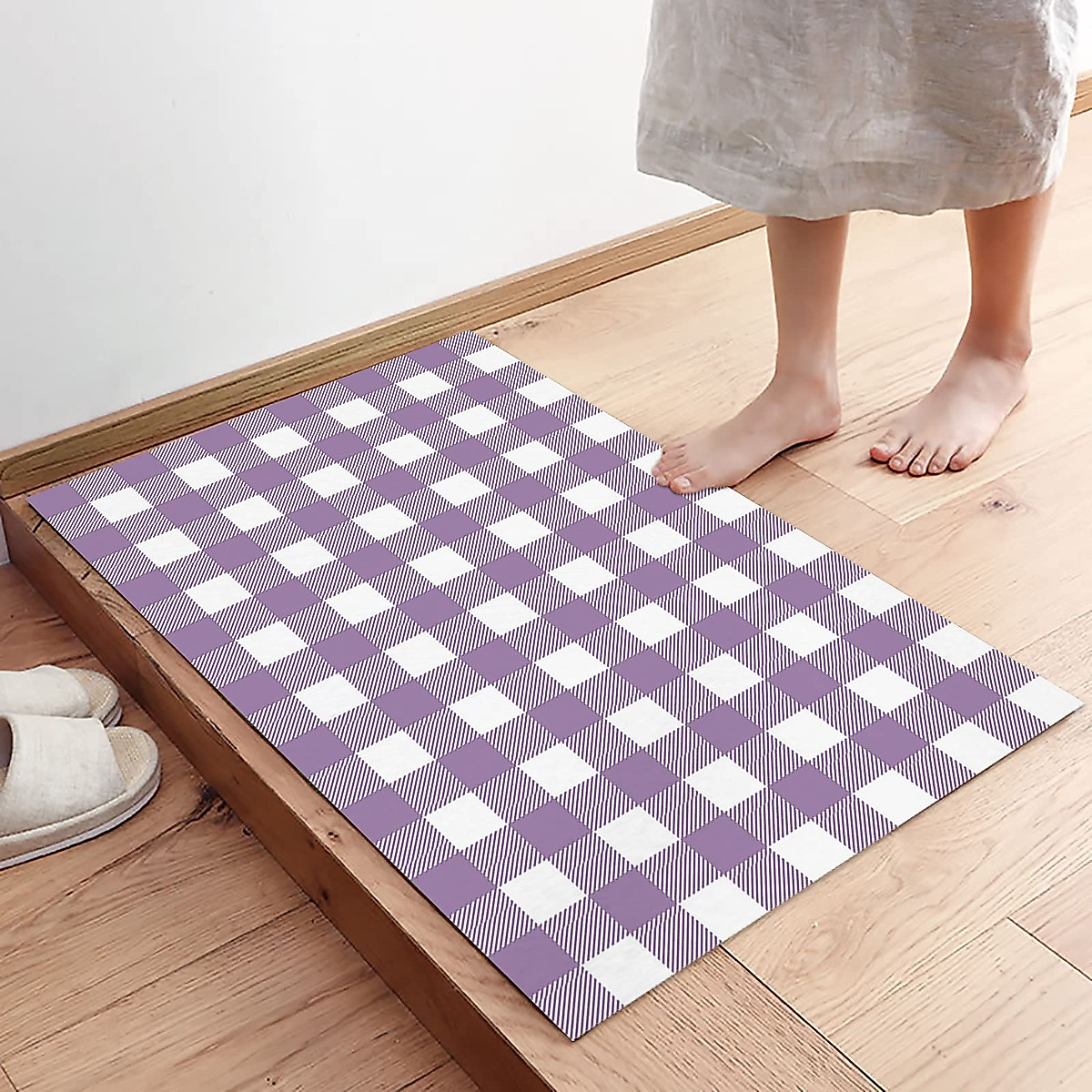 Kitchen Rugs, Purple and White Buffalo Check Plaid Gingham Farmhouse Decoration Non Slip Runner Rug Mat for Floor, Kitchen, Bedside, Sink, Office, Laundry, Set of 2