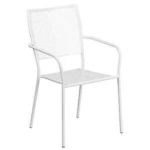 EMMA + OLIVER Commercial Grade White Indoor-Outdoor Steel Patio Arm Chair with Square Back