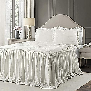 Lush Decor Ravello Pintuck Ruffle Skirt Bedspread Vintage Chic Farmhouse Style Lightweight 3 Piece Set, Queen, White