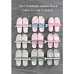 2PCS Bathroom Slippers Rack Wall Mounted Shoe 4in1Organizer Rack Folding Slippers Holder Shoes Hanger Punch-Free Storage Towel Racks (Blue)