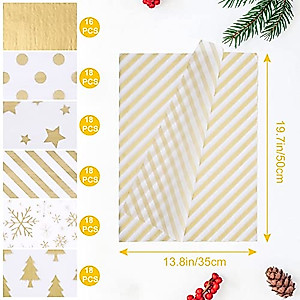 Blisstime 106 Sheets Gold Tissue Paper Gift Wrap Bulk, 19.5" x 13.6" Christmas Tissue Paper for Wrapping, 6 Assorted Designs Golden Stars Snow Dots for Christmas Gift Bags, DIY and Craft