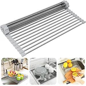 Searik Extra Large 20.5"x19.7" Dish Drying Rack Roll Up Sink Drying Rack, Over The Sink Dish Rack Multi-Use Stainless Steel Dish Drainers Heat Resistant Mat for Drying Draining Trivet
