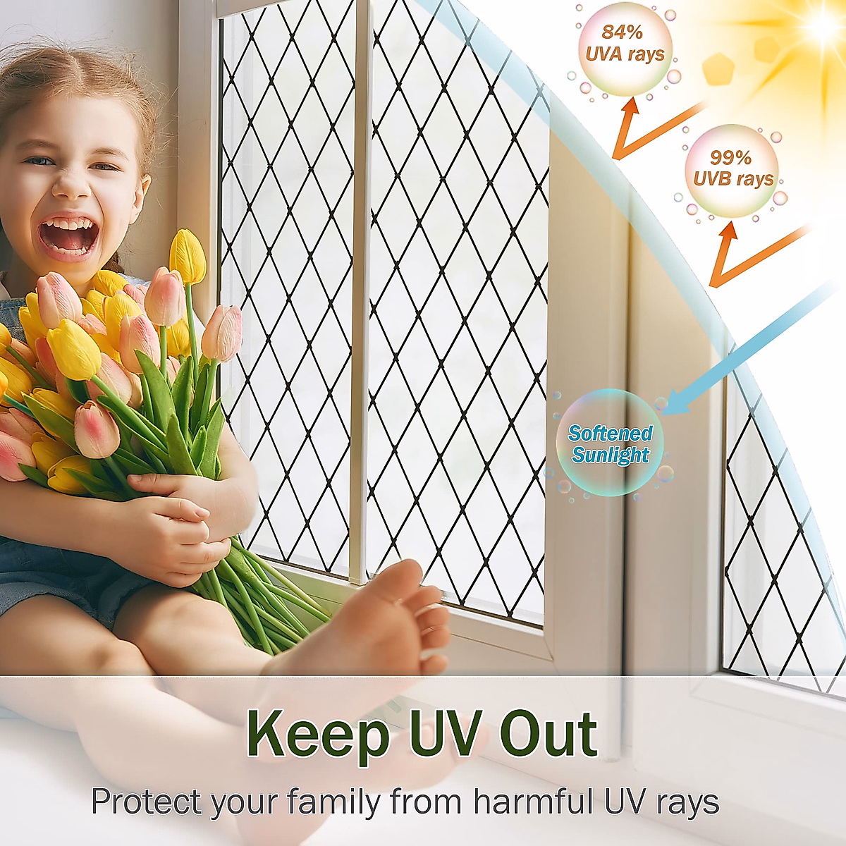 VELIMAX Frosted Black Lattice Window Film Static Cling Window Privacy Films Decorative Glass Vinyl Film for Windows Removable Sun Blocking Anti-UV 17.7x78.7 inches