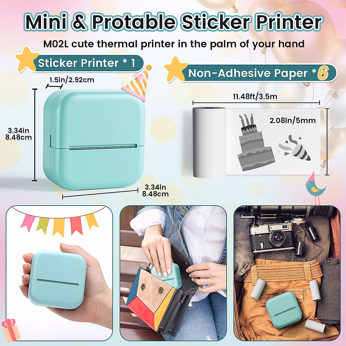 Mandizza Sticker Printer- M02L Pocket Printer with 6 Rolls Paper Thermal Mini Printer Portable Printer for Printing Photos, Study Notes, Scrapbook, Journal, Birthday, Green