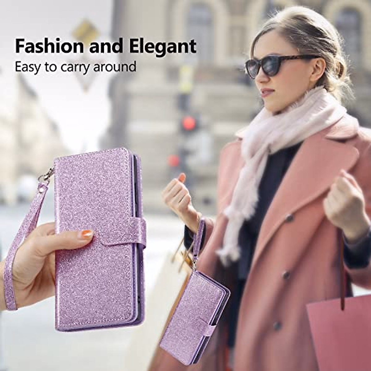 Varikke iPhone 13 Wallet Case - 9 Card Holder, Magnetic Detachable Cover, Kickstand Strap, Glitter PU Leather, Light Purple