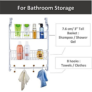 Over Door Organizer Wall Mounted Sturdy 2-tier Bathroom Storage Baskets with 8pcs Towel Wood Hooks Decor Pantry Kitchen Spice Back Hanging Metal Rack Closet Shelving Organizers , 17.5" (W) X 25" (H)