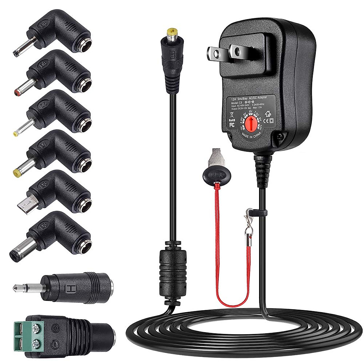 SoulBay 12W Universal AC Adapter 3V 4.5V 5V 6V 7.5V 9V 12V Switching DC Power Supply Charger Cord with 8 Tips for 3-12V Household Electronics - 1A Max