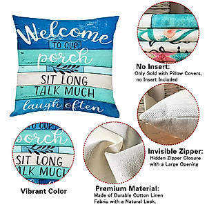 Jartinle Coastal Stripe Outdoor Pillows Covers 18x18 for Patio Furniture Waterproof, Welcome to Our Porch Throw Pillow Covers Square Linen for Couch Outside Bench Set of 2