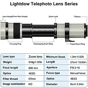 Lightdow 420-800mm f/8.3 Super Telephoto Lens with T-Mount for Canon EOS DSLR Cameras - White
